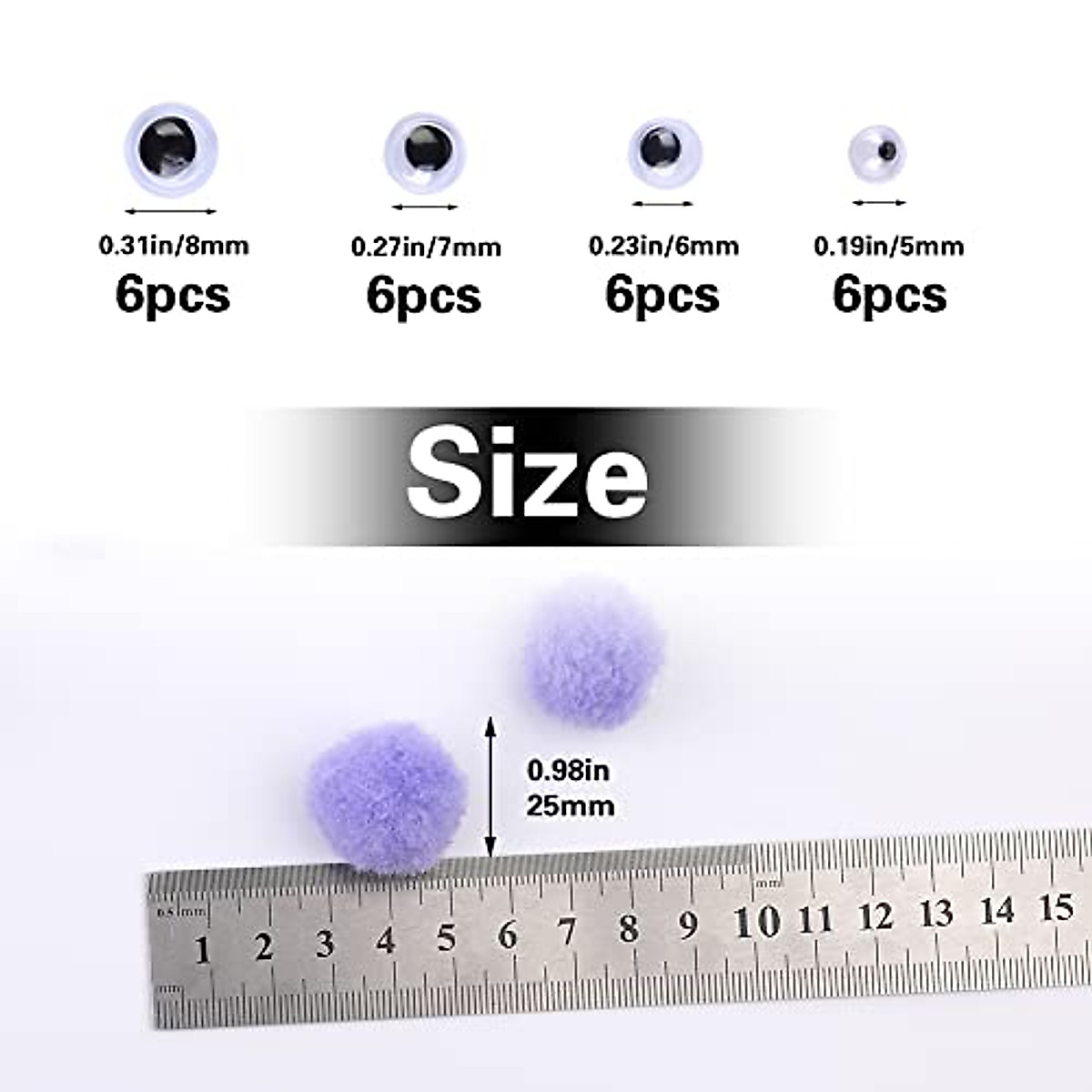 150 Pieces Light Purple Pom Poms, 1 Inch Pom Poms with Self-Adhesive Wiggly Eyes for Crafts, Small Fuzzy Balls Pompom Puff Balls for DIY Art Creative Crafts Decorations