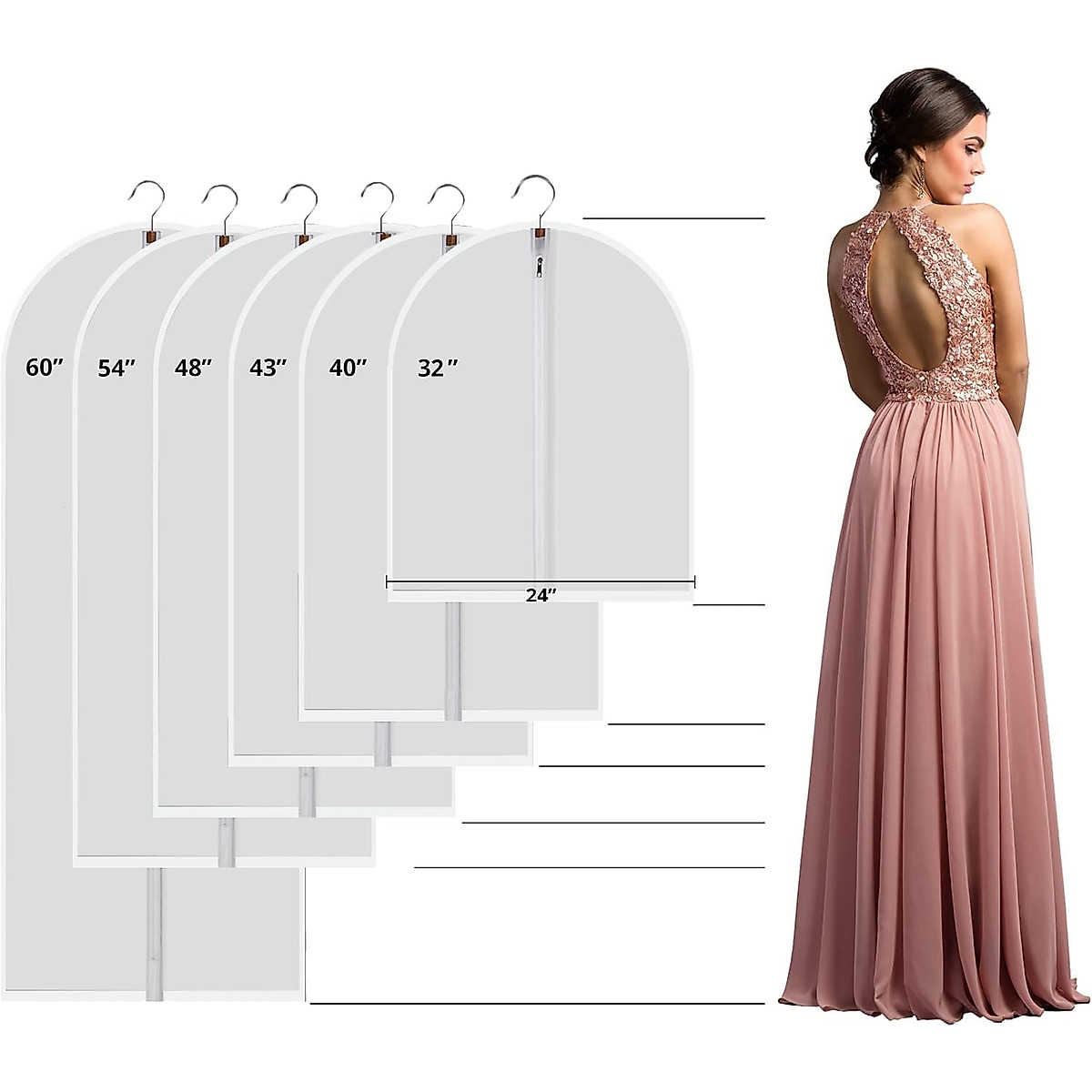 MsKitchen Clear Garment Bags Clothes Covers Protecting Dusts (Set of 12) for Storage Plastic Garment Bags Hanging Clothes Bags Dress Bag for Gowns Long with Zipper for Closet - 24'' x 40''/12 Pack