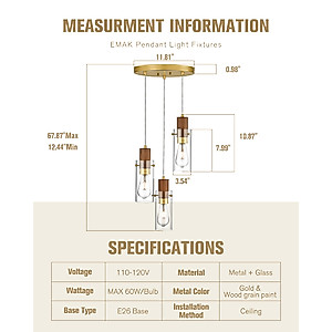 Emak Gold Pendant Light Fixtures, 3-Light Pendant Lights with Clear Glass Shade, Modern Farmhouse Hanging Lights for Kitchen Island, Dining Room, Bathroom, Bedroom, PL120-GD-CL