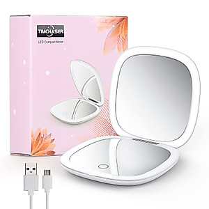 TIMCHASER Magnifying Travel Makeup Mirror, 1X/10X Magnification Compact Mirror, Dimmable 2-Sided Illuminated Folding Mirror, USB Rechargeable, Portable for Handbag, Purse, Pocket