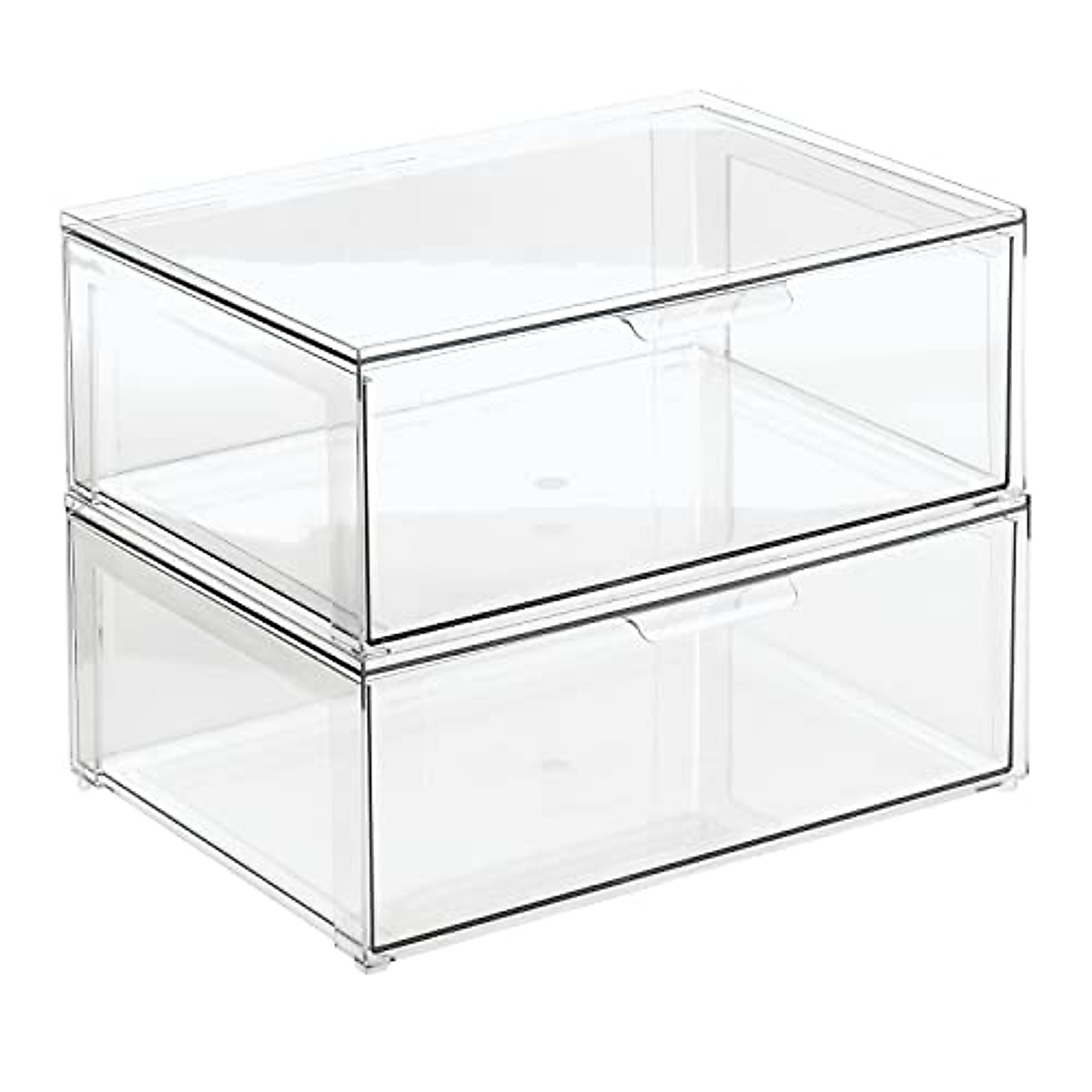mDesign Plastic Stackable Kitchen Storage Organizer Bins with Pull Out Drawer for Cabinet, Pantry, Fridge, Freezer, Shelf, Refrigerator Organization - Lumiere Collection - 2 Pack - Clear