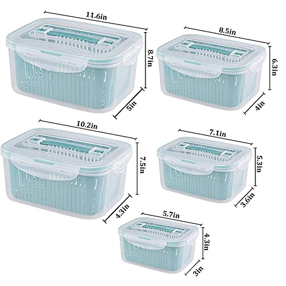 U/C Plastic Food Storage Containers, Fresh Vegetable Fruit Storage Containers for Refrigerator, Kitchen Produce Saver Container with a Draining Basket, BPA Free (5 Pack)