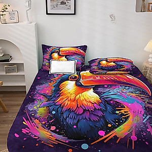 Toucan Sheets Twin Size, Bird Bed Sheets, Patterned Bedding Sheets & Pillowcases 3 Piece Set - Soft Microfiber Deep Pocket Fitted Sheet & Flat Sheet & Pillow Case Z9-&-354