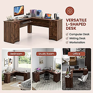 Tangkula L-Shaped Office Desk with Storage Drawers & Keyboard Tray, Home Office Corner Computer Desk with Cabinet & Inner Adjustable Shelf, Space-Saving Study Writing Desk, Computer Workstation