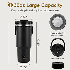 VUSIGN 30 oz Tumbler with Handle and Flip Straw, Stainless Steel Vacuum Insulated Water Bottle Travel Mug Thermal Cup for Home, Office, Car, Outdoors, Sports, Black