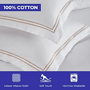 SUPERIOR Embroidered Cotton Duvet Cover Set, Soft Bedding Covers, 1 Duvet Cover with Button Closure, 2 Pillow Shams, Two-Line Design, Spring Blooms Collection, King/California King, White-Taupe