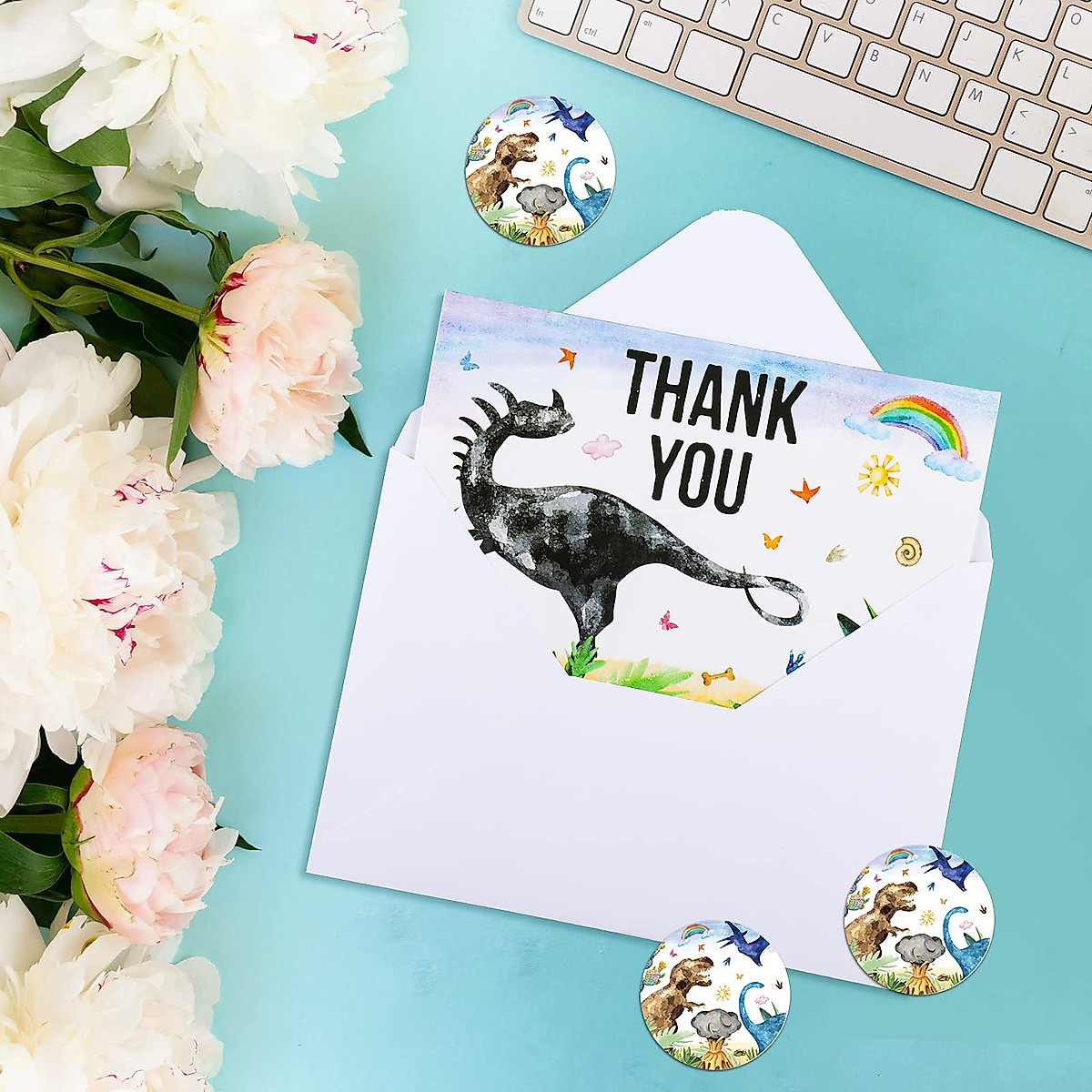 Epakh 40 Pieces Watercolor Dinosaur Thank You Cards with Matching Envelopes and Stickers Jungle Animals Woodland Blank Cards Blank Notes Cards for Birthday Kids Party Baby Shower (Dinosaur Style)
