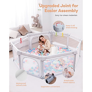 Baby Playpen Playard Foldable, Extra Large Playpen for Babies and Toddlers, Safe Sturdy Baby Fence Play Area with Gate, Removable Bottom, 79 x 59 x 27 Inches, Grey