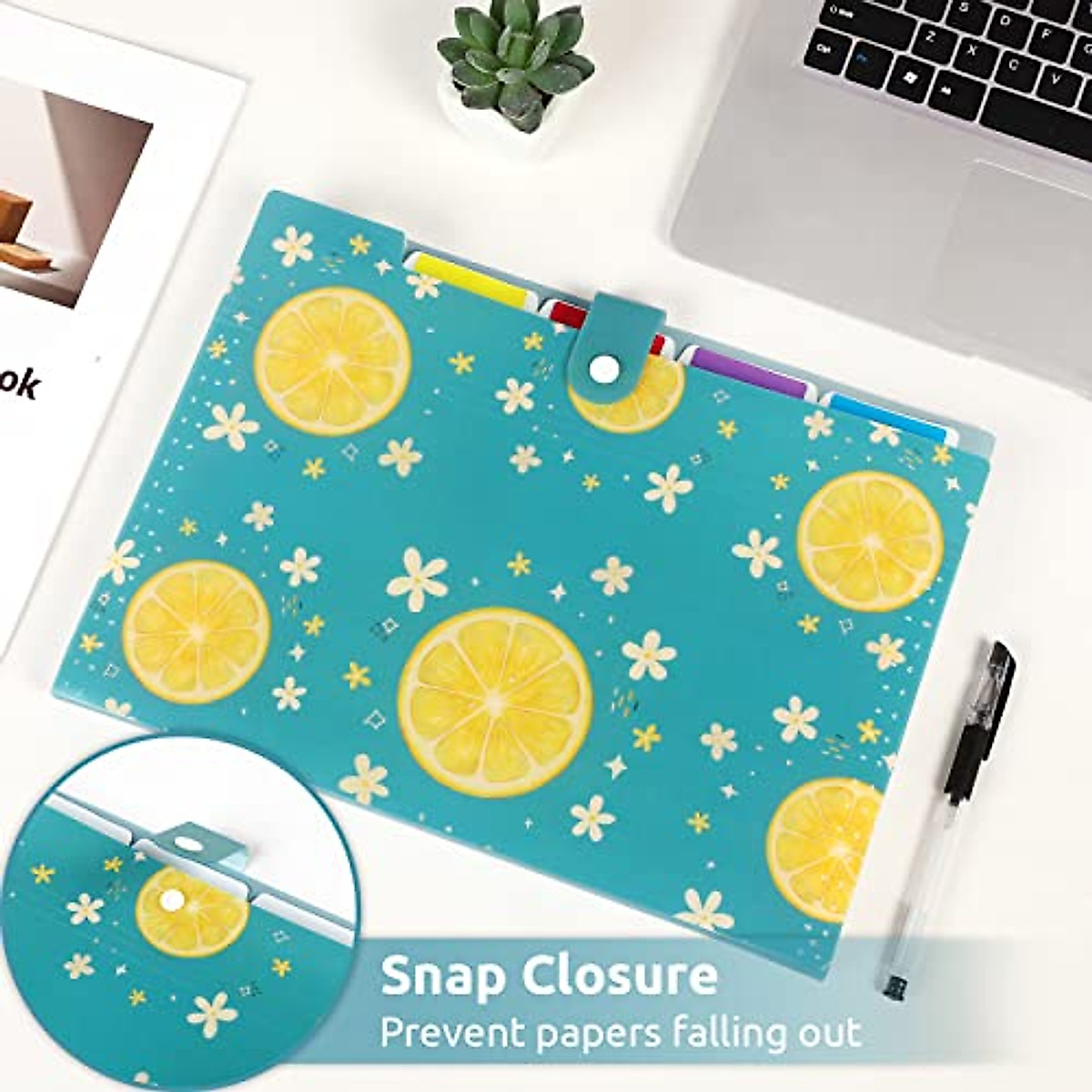 Zuozee Fruit Style Expanding File Folder, 5 Pocket Accordion File Organizer with 8 Labels, Cute Letter Folder Organizer for Documents, Portable & Expandable Folders for School Office, Lemon