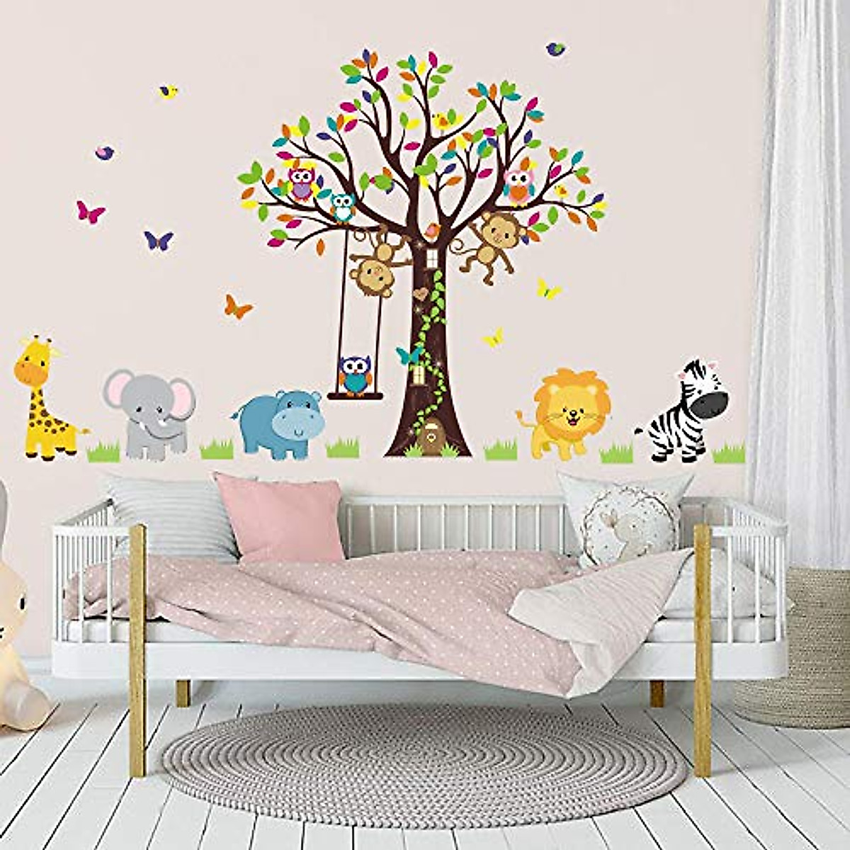 Runtoo Animals Tree Wall Decals Monkey Giraffe Elephant Wall Art Stickers for Kids Bedroom Baby Nursery Wall Décor