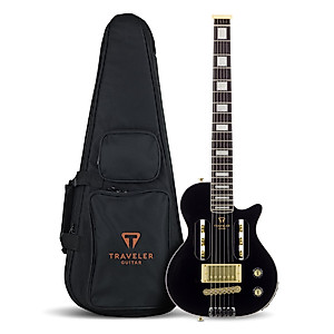 Traveler Guitar EG-1 Custom Gloss Black Electric Guitar | Small Electric Guitar with Headphone Amp | Full 24 3/4" Scale Travel Guitar | Portable Mini Guitar | Headless Guitar with Custom Gig Bag