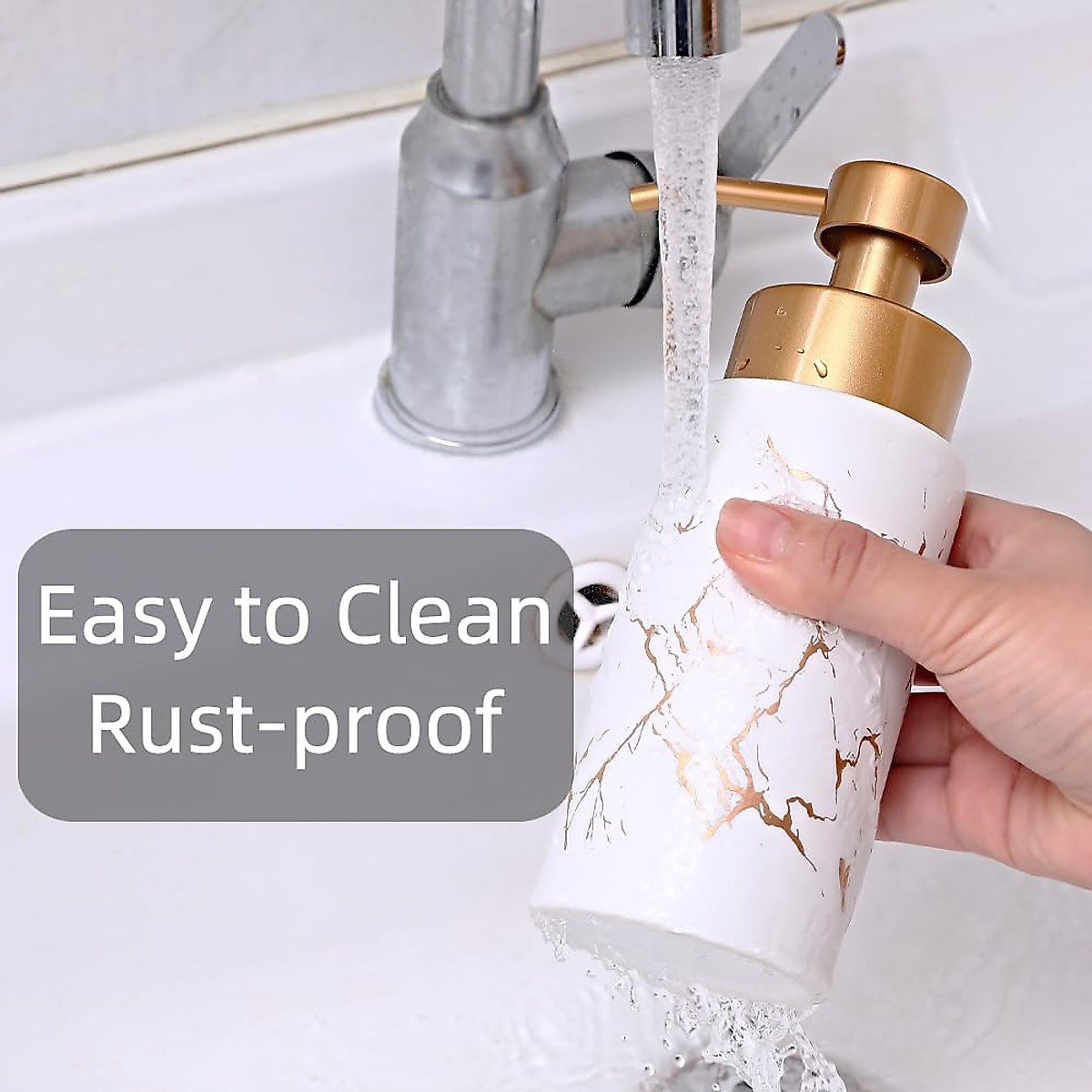 Marble Soap Dispenser, Ceramic Foam Soap Dispenser with Rust Proof Golden Pump (White)