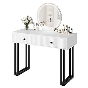 GarveeHome Vanity Desk with Mirror and Lights, Small Makeup Vanity with 2 Drawers, Modern Vanity Organizer with 3 Color Lights＆Adjustable Brightness, Dressing Table for Bedroom, White