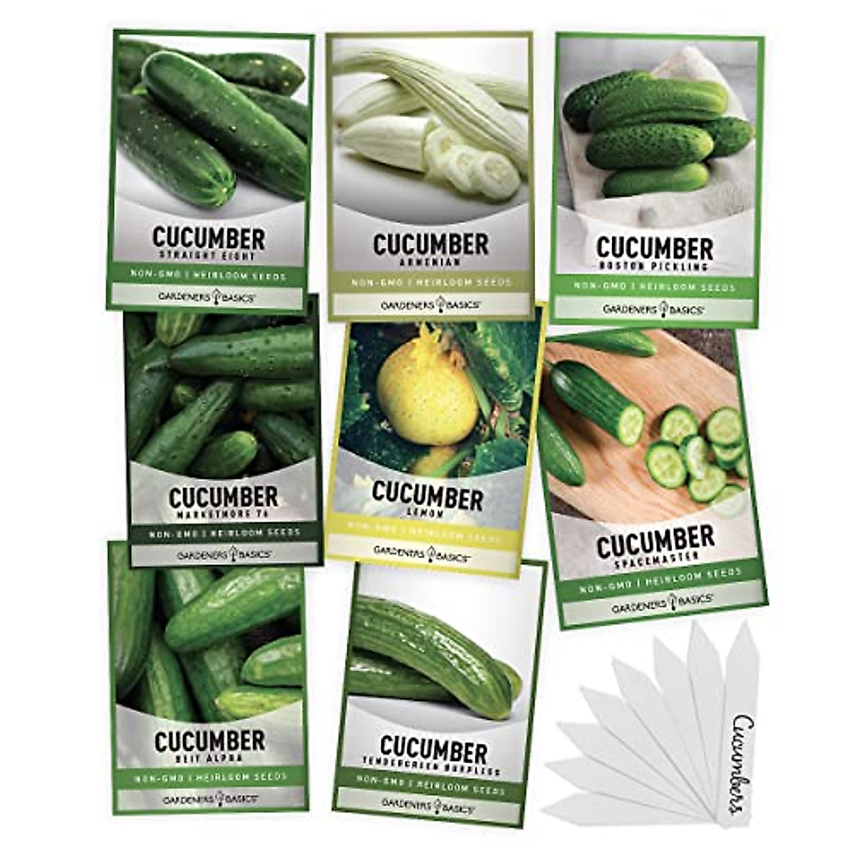 Cucumber Seeds for Planting Outdoors 8 Variety Pack Burpless Tendergreen, Beit Alpha, Marketmore 76, Armenian, Boston Pickling, Lemon, Spacemaster, Straight Eight Veggie Seeds by Gardeners Basics