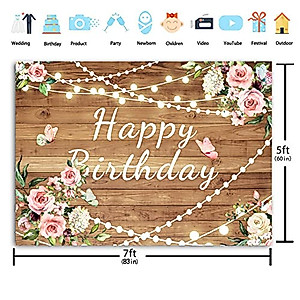 LYCGS 7X5FT Pink Flower Wood Backdrop Happy Birthday Girl Party Background Watercolor Flower Girl Photography Background Spring Flower backdrops Baby Shower Newborn Photography Props X-12