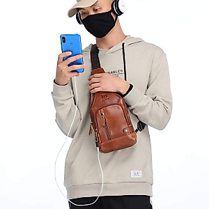 BULLCAPTAIN Sling Bag Crossbody Backpack with USB Charging Port Genuine Leather Hiking Travel Daypack XB-129 (Brown)