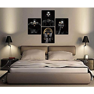 African American Wall Art Painting Black Woman Fashion Pop Gold Earrings Necklace Black Set of 4 (8”X10” Canvas Picture) Pretty Girl Room Poster Art Painting Bedroom or Room for Home Decor No Frame