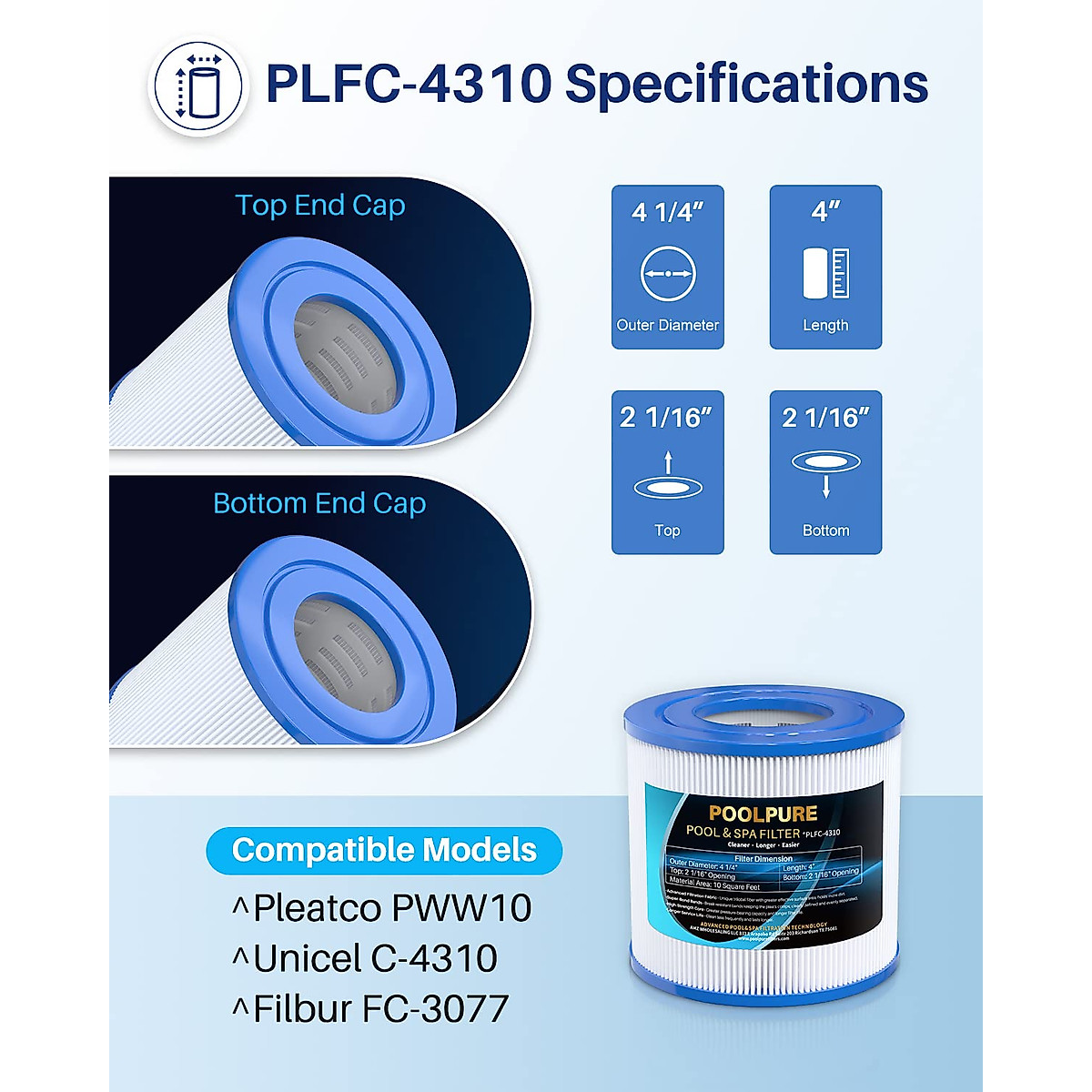 POOLPURE C-4310 Spa Filter Replaces PWW10, Filbur FC-3077, Excel Filters XLS-435, Aladdin 11003, Baleen AK-3006, Darlly 40101, Thermo Spa FL1003, SD-00260 Hot Tub Filter 2 Pack