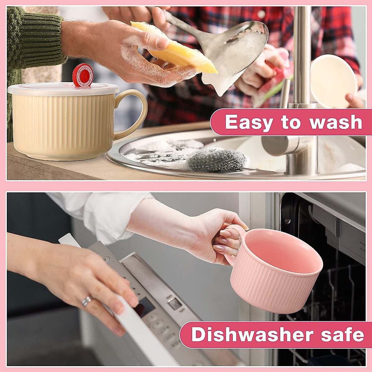 2 Pieces Ceramic Soup Bowls with Handles 30 oz Microwave Safe Bowl with Lid Microwavable Soup Mug with Lid Large Soup Cups for Ramen Noodle Cereal (Pink, Yellow)