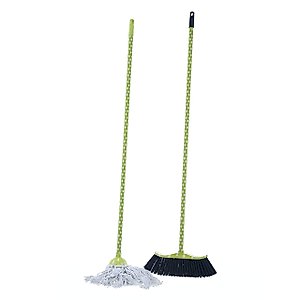 Superio Cotton Mop and Broom Set, Light Green Polka Dot Print Design, Superior Cleaning Tools Broom and String Mop.