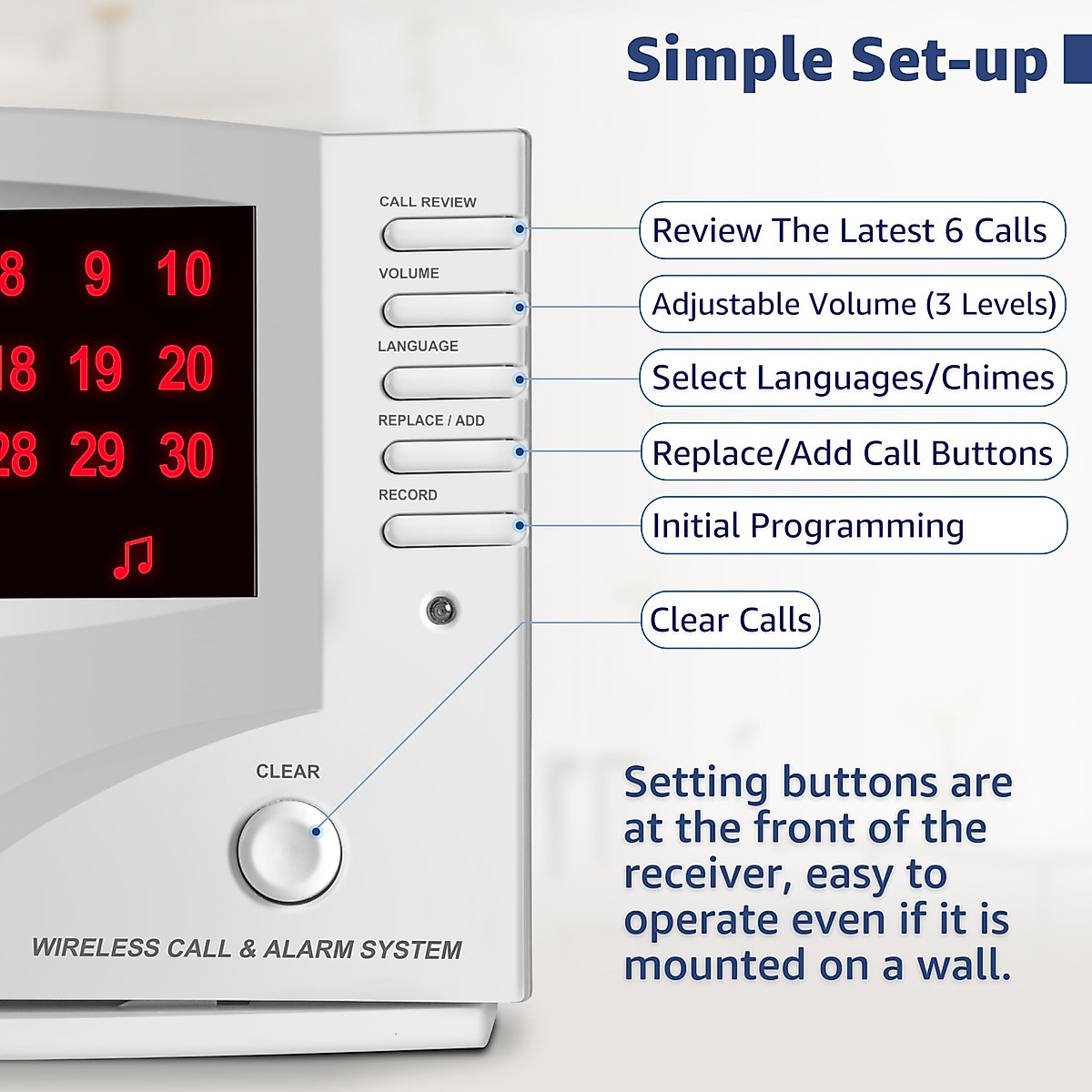 SYNLETT Wireless Calling System, Caregiver Pager for Nurses Station, 10 Waterproof Call Buttons with 1 Monitoring Unit for Emergency, Patients Seniors Clinic, 11 Languages Alert, White