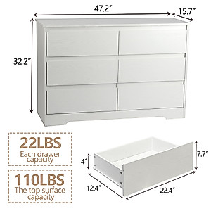 CATMIX Dresser for Bedroom, White Drawer Double Dresser, Wood Modern Drawer Chest of Drawers with Deep Drawers, Wide Storage Organizer Cabinet for Bedroom, Living Room, 6 Drawer Dresser