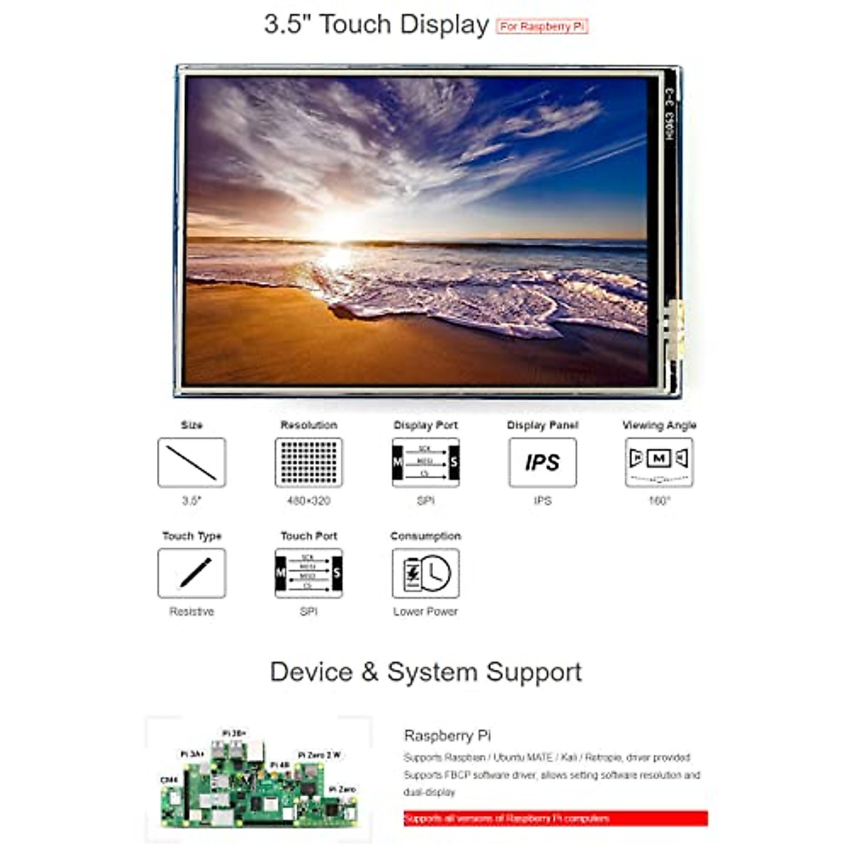 Waveshare 3.5inch Resistive Touch Display, Compatible with Raspberry Pi 5/4B/3B/Zero/Zero W/Zero 2W/Pico/Pico W/Pico WH, 480×320, IPS Screen, SPI