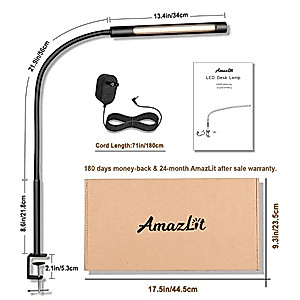 AmazLit Desk Lamp, Eye-Caring Desk Light, Gooseneck Lamp with Clamp, Adjustable Color Temperature & Brightness, Clip on Lamp with Memory & Timer Function, Clamp Lamp for Home Office, 12W, Black