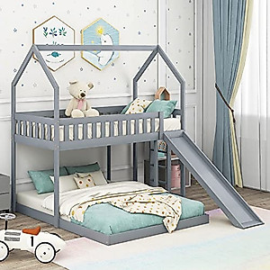 GLORHOME Twin Over Full House Bunk Bed， Detachable to Floor Bedframe and A Loftbed, with Slide, Built-in Ladder,Full-Length Guardrail for Kids Adults,Roof can be Decorated