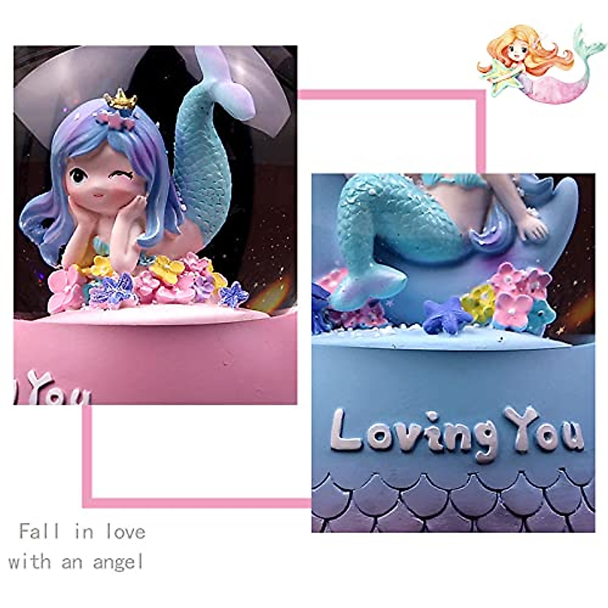 Mermaid Snow Globes for Kids,100MM Musical Snow Globes with LED Lights,Christmas Birthday Gift for Girls Age 8 9 10 11 12