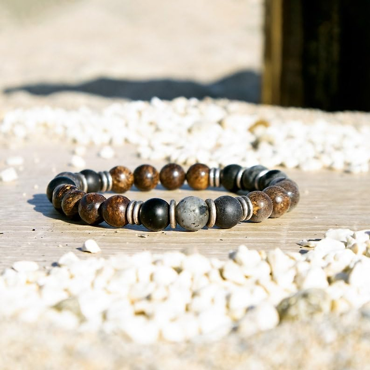 LKBEADS Natural Natural Bronzite, Black Agate, Sesame Jasper 8mm rondelle smooth 7inch Semi-Precious Gemstones Beaded Bracelets for Men Women Healing Crystal Stretch Beaded Bracelet Unisex