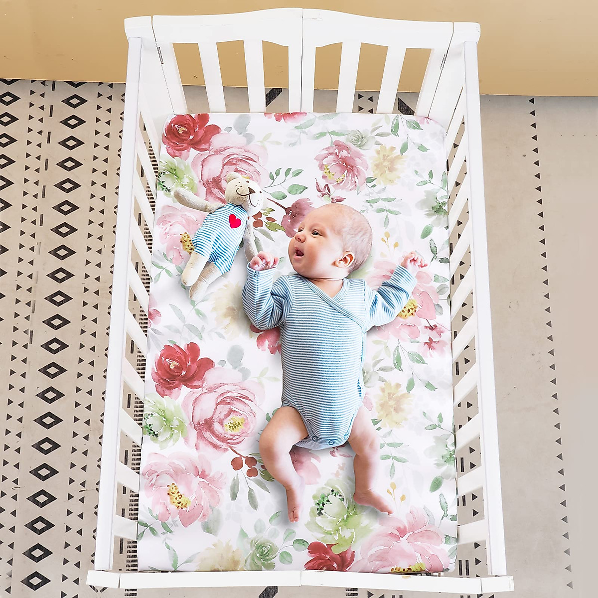 PHF Soft Mini Crib Sheet Set, 2 Pack Silky Comfy Pack N Play Sheets for Girls, Universal Fit for Pack N Play, Playard and Mini Crib Mattresses, Watercolor Floral