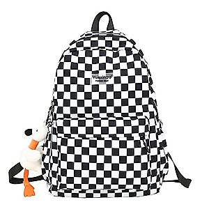 MININAI Y2K Aesthetic Checkered Backpack with Kawaii Pendant Checkerboard Backpack Cute Preppy Laptop Backpack Light Rucksack (One Size,Black)