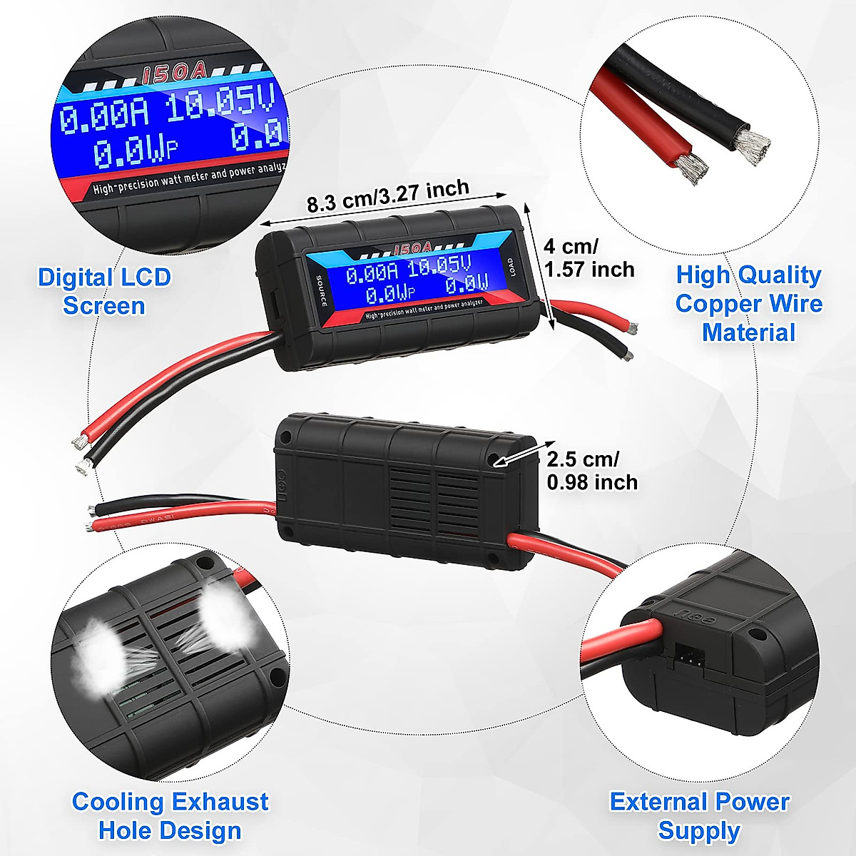 Yunsailing 2 Pcs High Precision Watt Meter Power Analyzer Battery Consumption Performance Monitor Power Monitor with Backlight Digital LCD Screen(No 45 Amp Power Grade Connector, 150a/60v)