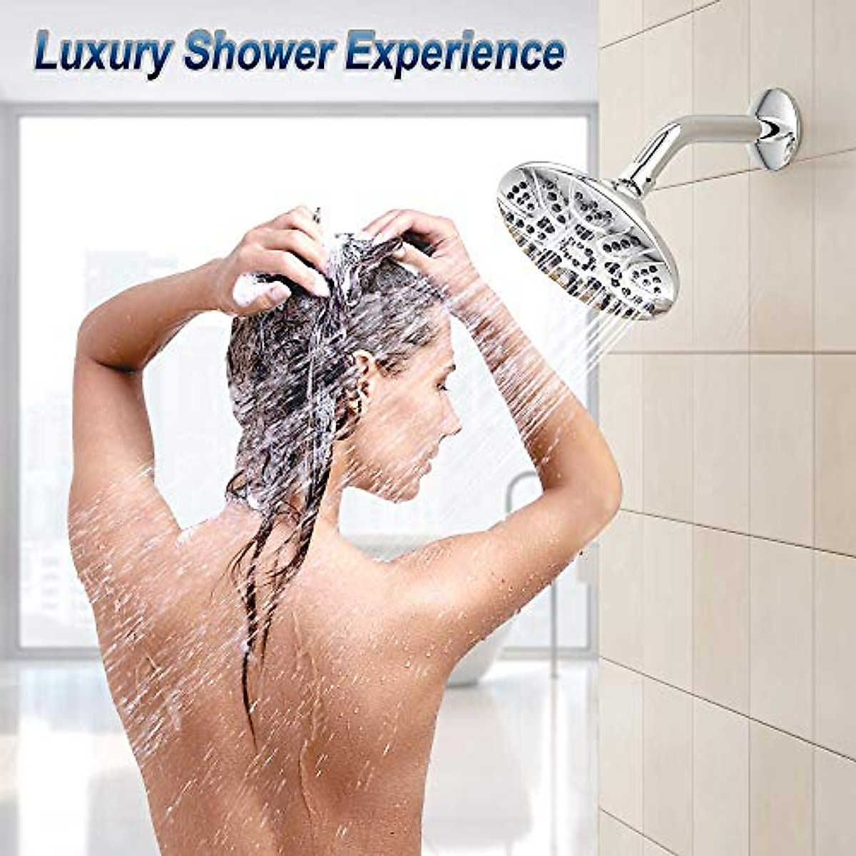 HOPOPRO High Pressure Shower Head with 5 Functions, 6 Inch Fixed Shower Head High Flow Rain Shower Head for Luxury Shower Experience