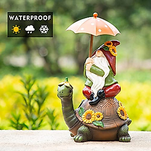 Seegarden Garden Statue Gnome Cute - Large Outdoor Gnome Statue Sculptures with Solar Lights, Resin Gnome Figurine Sitting on Turtle with Umbrella for Home Patio Yard Lawn Porch Decorations …