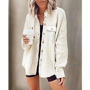 Womens Fashion Button Down Blouse Long Sleeve Solid Color Henley Neck Boyfriend Shacket Shirt Top Beige