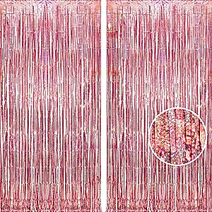BRAVESHINE Rose Gold Glitter Tinsel Foil Fringe Curtains - 2Pcs 3.2x8.2ft Metallic Holiday Photo Booth Backdrop Party Supplies for Birthday Valentines Day Wedding Bridal Shower Bachelorette Engagement