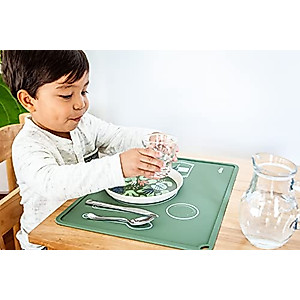 CHAMOS Montessori Placemat for Toddlers - Kids Silicone Mats for Dining Table - Set of 2 - Table Setting Learning (Sage and Beige)