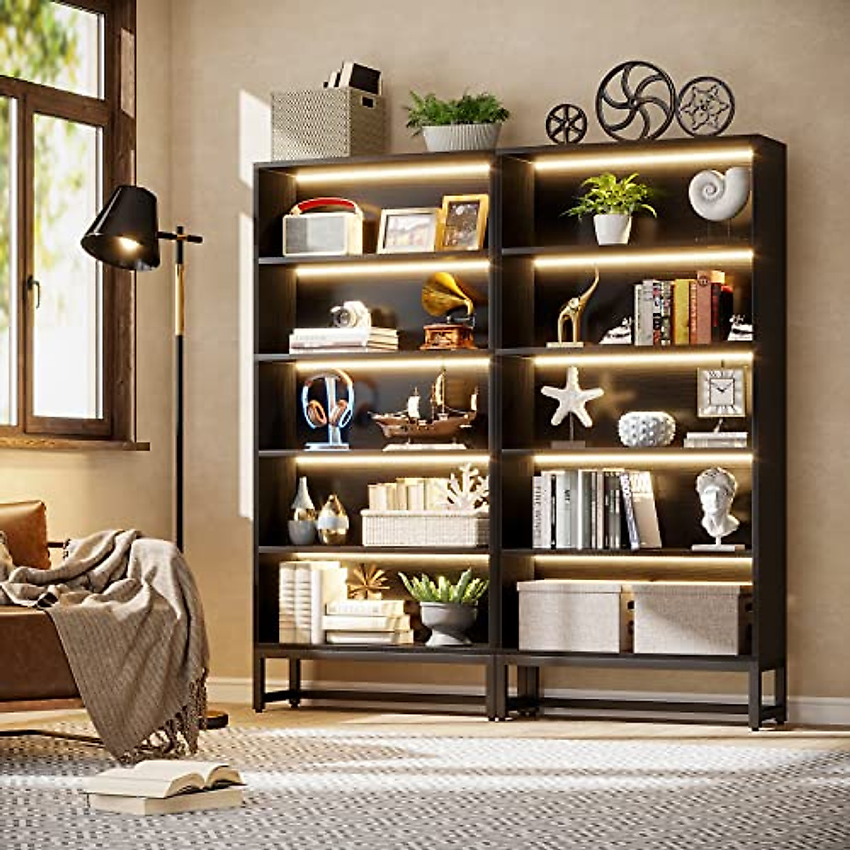 LED Bookcase, 70.8” Tall Bookshelf with Closed Back Shelf, 5-Tier Large Bookcases Organizer with Storage Shelves, Heavy Duty Freestanding Library Book Cases Shelving Unit for Living Room, Bedroom