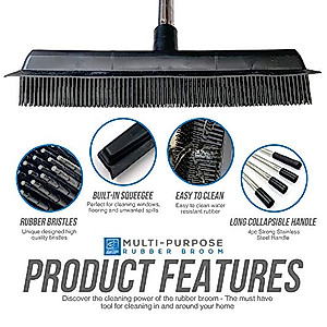 Rubber Broom Pet Hair Remover, Floor Brush Fur Rake Carpet Broom Dog Hair Remover to Sweep Fur, Dust, and Dirt for All Surface Cleaning, Silicone Broom with Built-in Squeegee for Wiping Out Spills