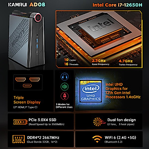 KAMRUI Mini PC,Intel Core i7-12650H Mini Desktop Computer,Mini Computer Tower PC,Dual Channel 32GB DDR4 512GB NVMe PCIe 3.0 X4 SSD,4K Triple Display,WiFi 6,BT 5.2 for Office Home Business