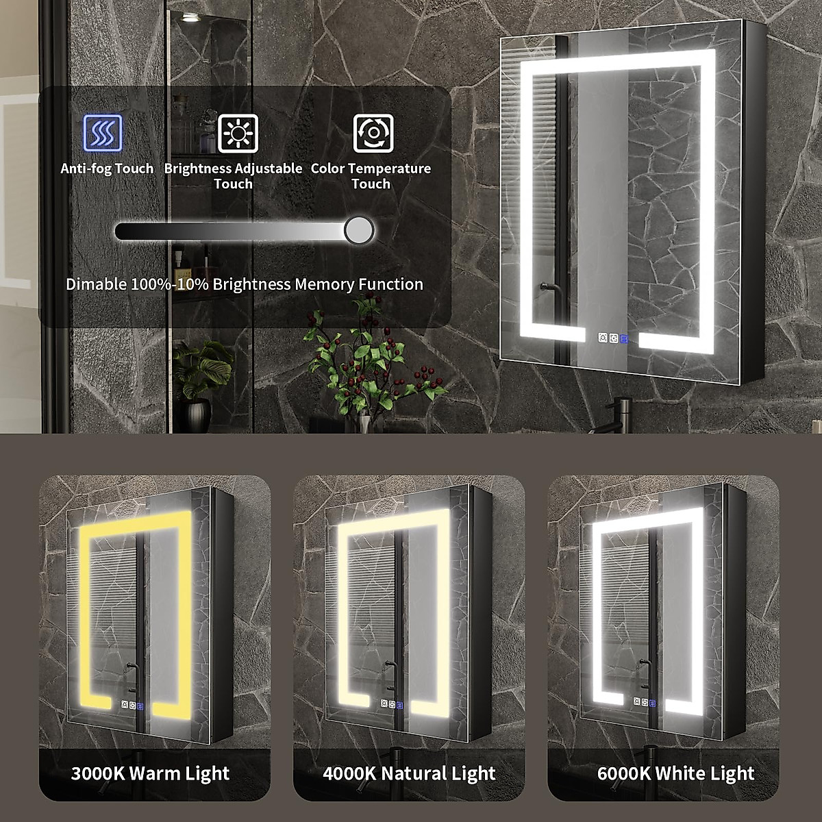 ES-DIY Lighted Medicine Cabinet 24 x 30 Inch, LED Medicine Cabinet Recessed or Surface Mount, Defog, Stepless Dimming,Color Temper 3000K-6400K,Interior LED Lighting, Black Frame,Left Hinge