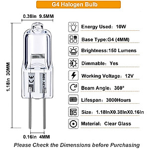 G4 Bulb, 10 Pack Halogen G4 12V 10W with G4 Bi-pin Base, High Output G4 Light Bulb 12V 150LM 3000Hrs Long Lifetime, G4 Dimmable, CRI100 & 2800K Warm White, G4 Halogen Bulb 10W for Cabinet Light Bulbs