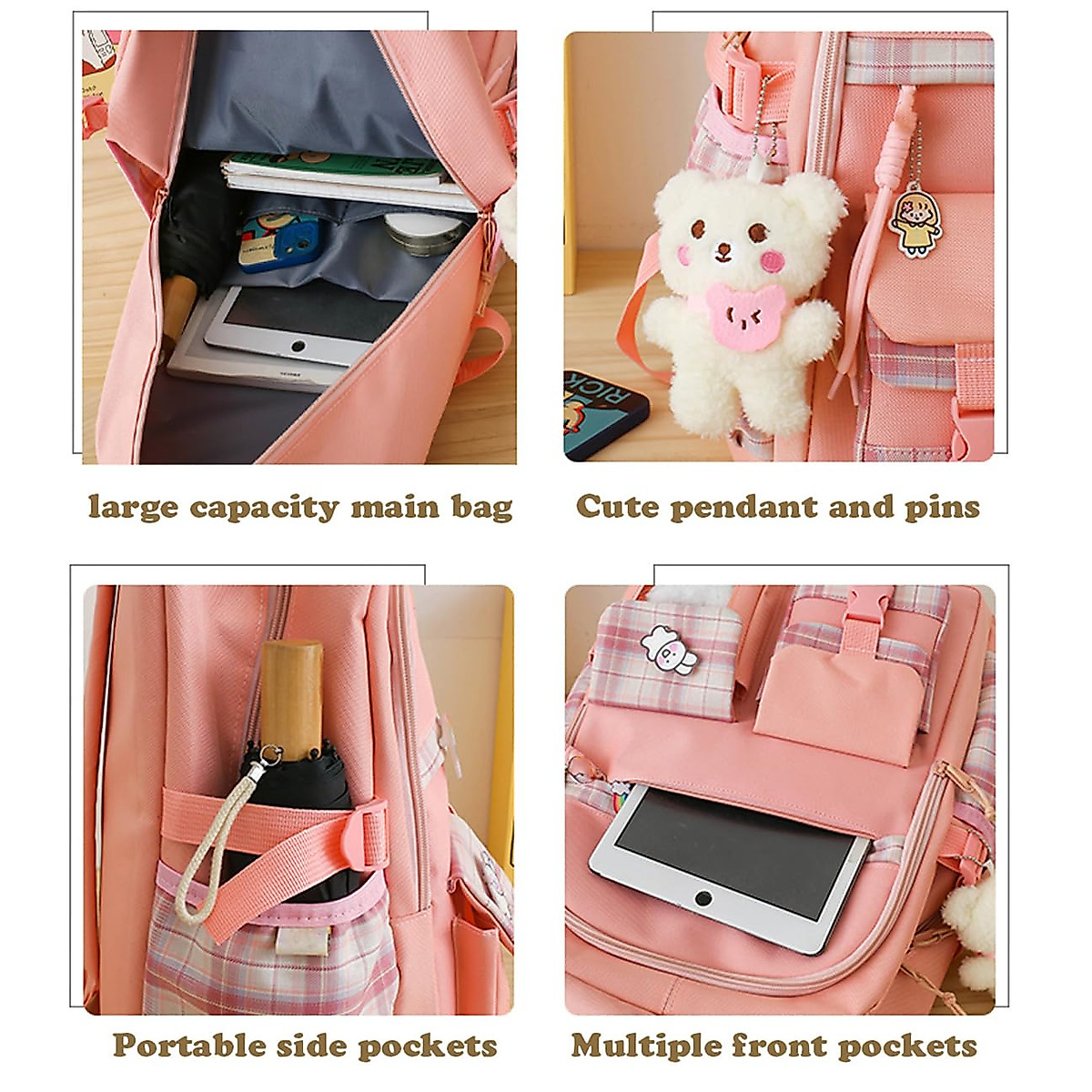 LsdgFriday Kawaii Backpack Set 5Pcs Canvas Plaid School Bag with Cute Pendants Pins Accessories for Teen Girls Aesthetic Backpack Shoulder Tote Bags Daypack for Back To School