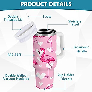Burbuja Flamingos Standing on One Leg 40oz Insulated Tumblers with Handle and Straw Lid, Double Wall Stainless Steel Travel Mug Leak-Proof, BPA Free, Gift for Mom Dad
