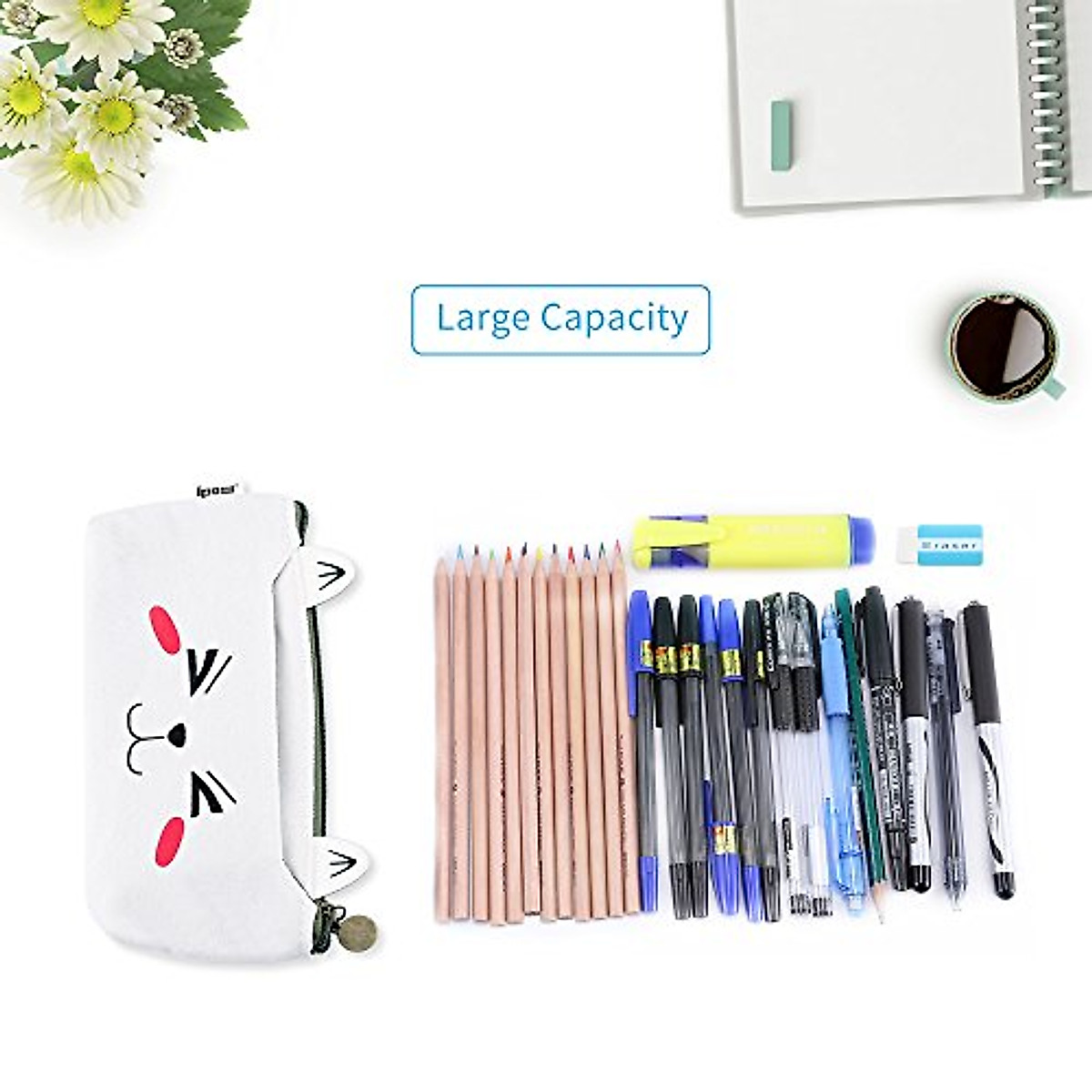 IPOW 3 Pack Kids Pen Cases, Cute Cat Pencil Pouches with Ears and Faces for Girls Boys and Adults, 3 Colors Pencil Bag for Pens, Markers and Erasers, Aesthetic Canvas Cosmetic Tool Pouch