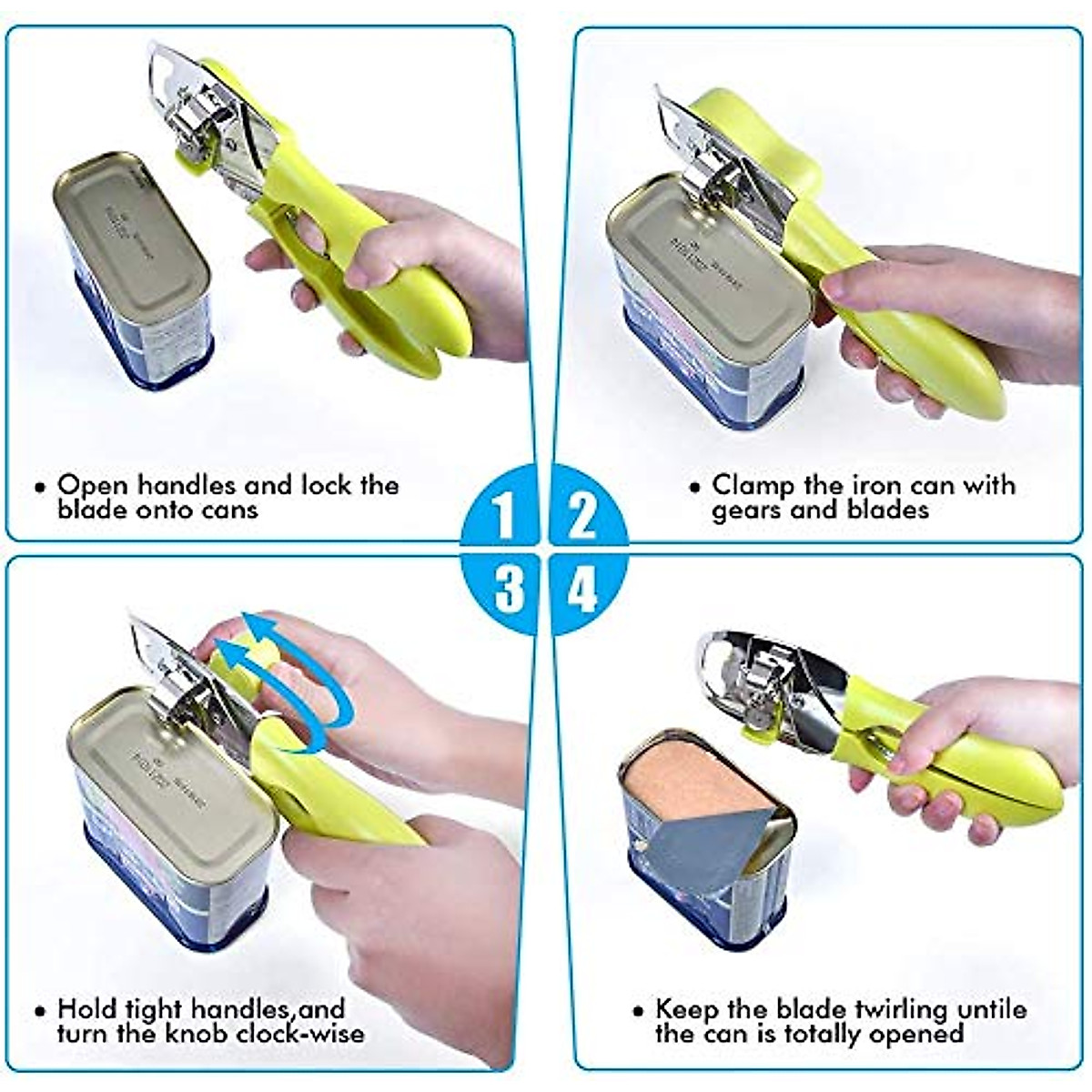 Can Opener, 4 in 1 Manual Can Opener Multifunctional Heavy Duty Handheld Can Openers with Comfy Grip Food-Safe Stainless Steel, Smooth Edge for Elderly with Arthritis