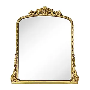 VANA NALA Antiqued Gold Ornate Mirror Arched Mantel Wall Mirror Baroque Inspired Bathroom Vanity Rectangle Wall Mounted Mirror, 30 x 34''