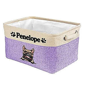 MALIHONG Personalized Foldable Storage Basket with Lovely Dog French Bulldog Collapsible Sturdy Fabric Pet Toys Storage Bin Cube with Handles for Organizing Shelf Home Closet, Purple and White